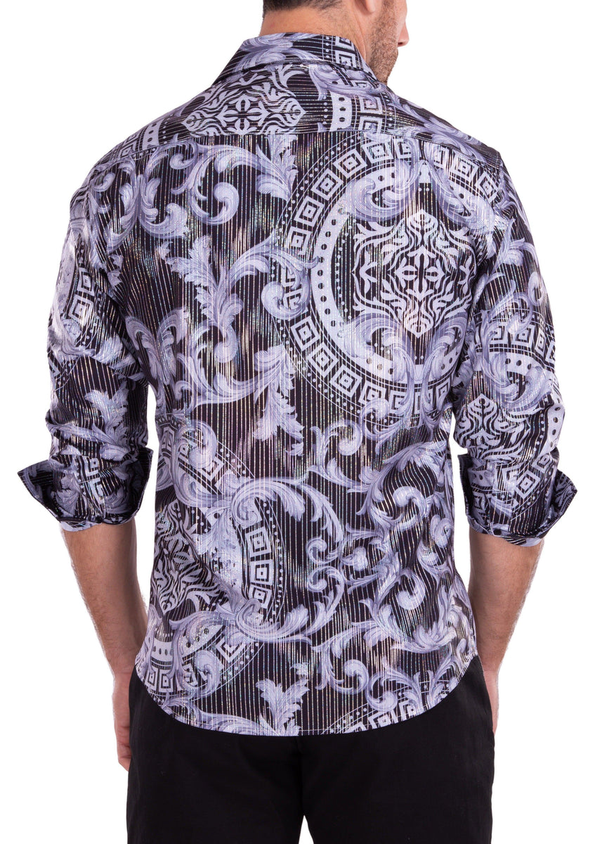 Greek Key Print Iridescent Metallic Black Long Sleeve Dress Shirt ...